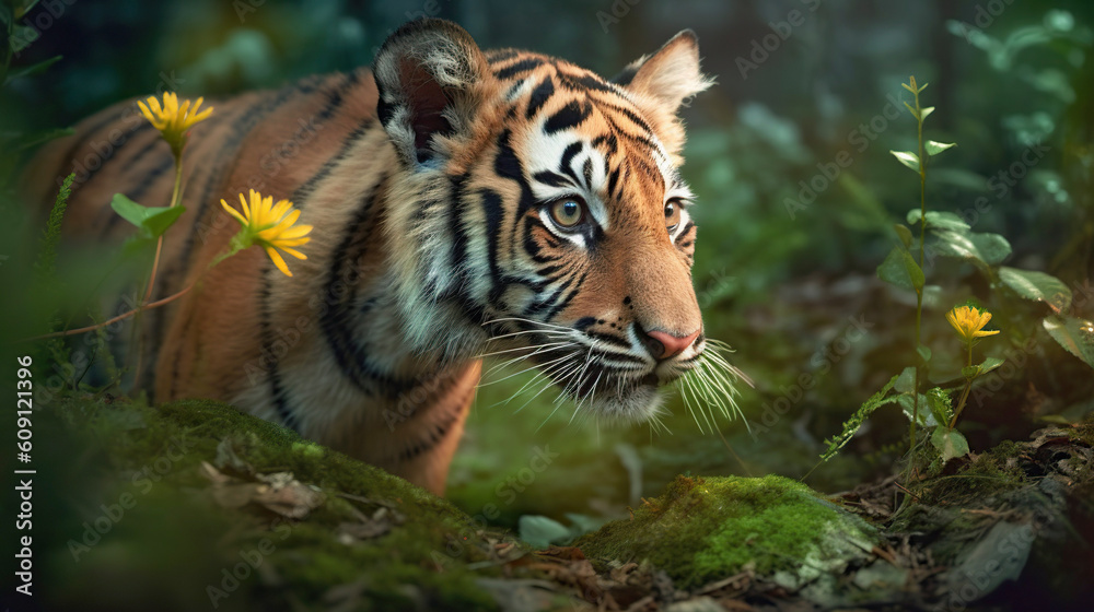 Cute and adorable tiger cub smelling fresh spring flower in the deep ...