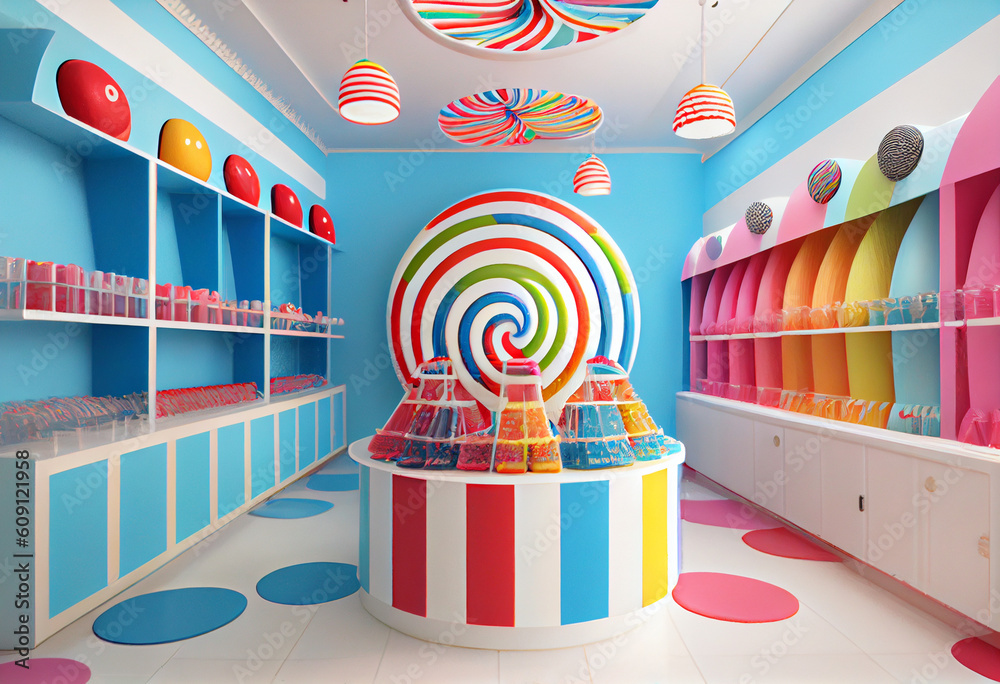Cartoon interior of lollipop candy store. Generative AI. Stock ...