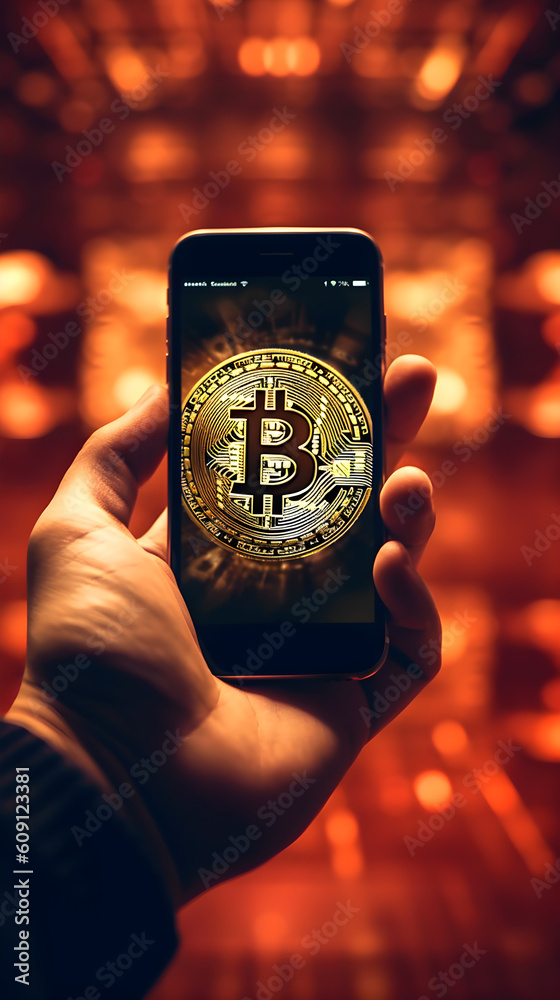 gold coins in smartphone concept and symbol bitcoin and other coins ...