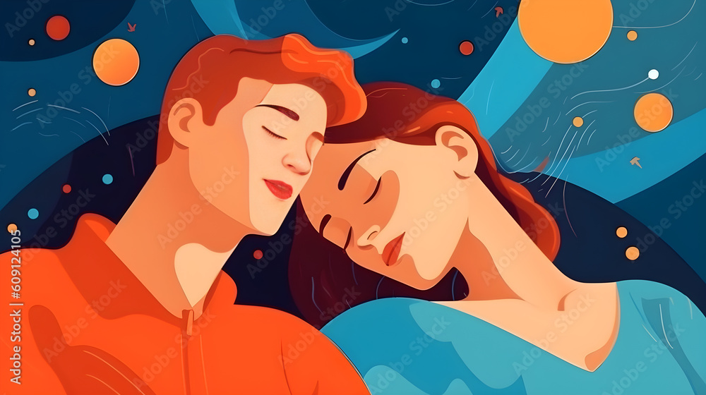 simple flat illustration of a sleeping young couple, young lovers fell ...