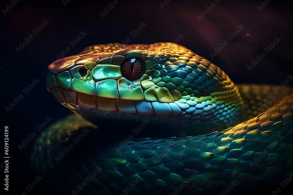 macro photography of a beautiful green snake, the background is a ...