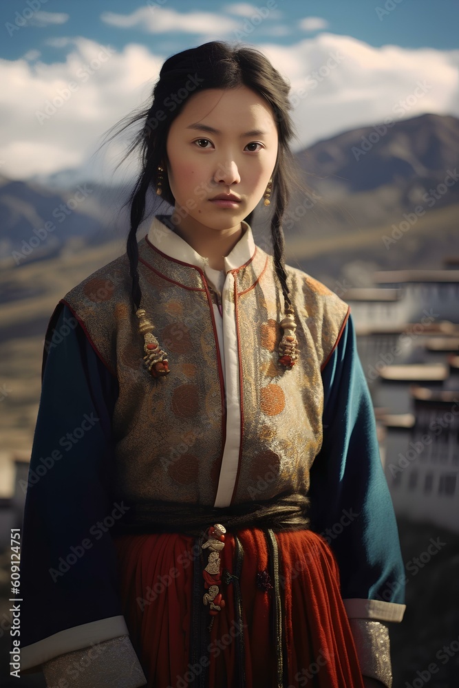 Beautiful girl in Khampa Tibetan costume in Lhasa mountains. vernacular ...