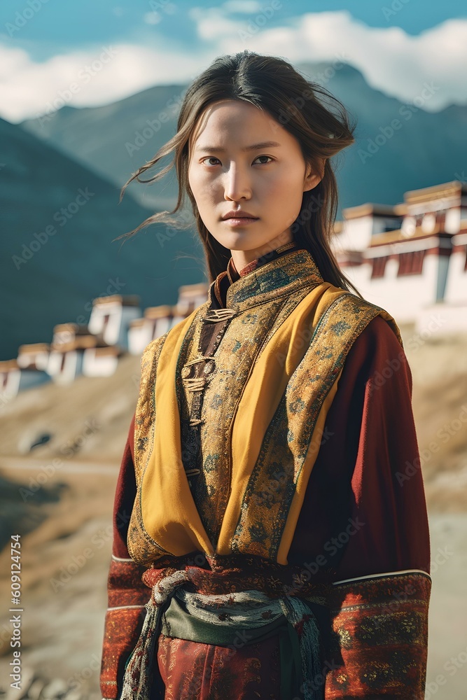 Beautiful girl in Khampa Tibetan costume in Lhasa mountains. vernacular ...