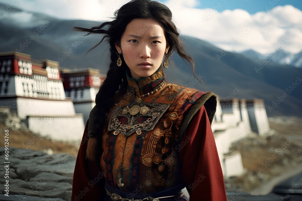 Beautiful girl in Khampa Tibetan costume in Lhasa mountains. vernacular ...