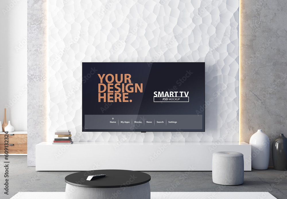 Smart Tv Mockup hanging on wall above commode in living room Stock ...