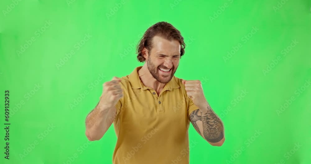 Winning, green screen and man face isolated on studio background for ...