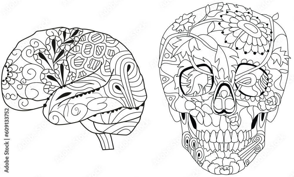Vetor de Zentangle stylized brain and scull. Hand drawn decorative ...
