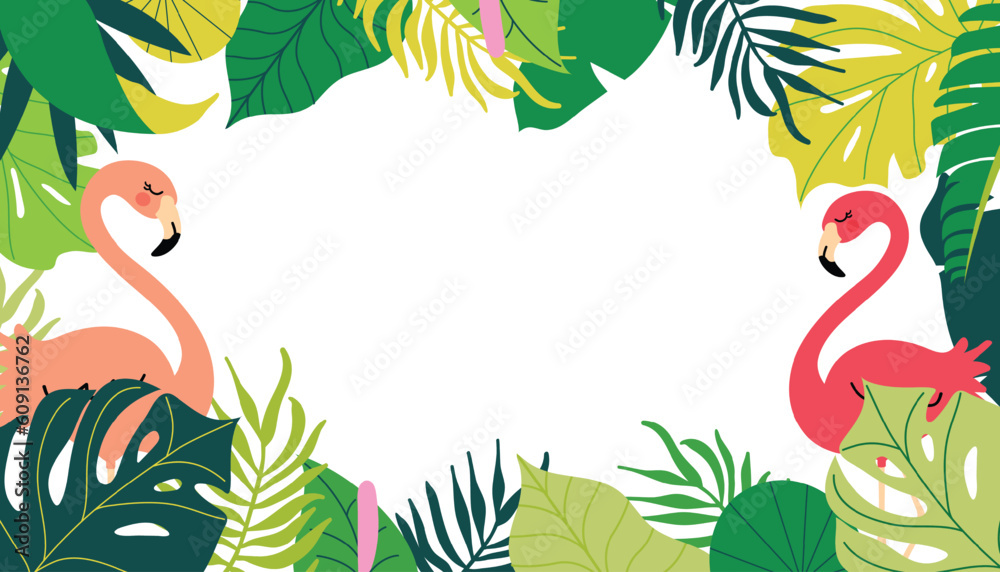 Tropical summer background with flamingos and tropical leaves. Exotic ...
