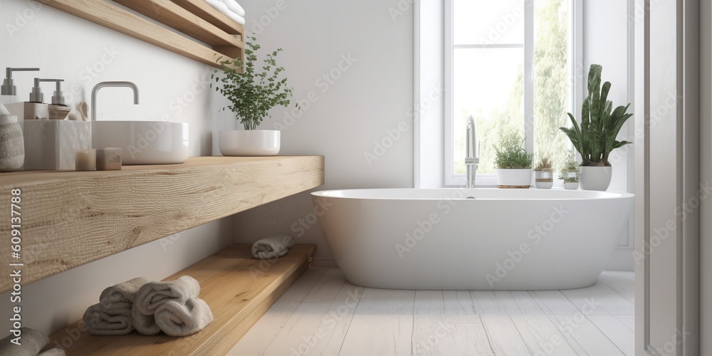 Perspective, spa like vanity unit with white ceramic wash basin, wooden ...