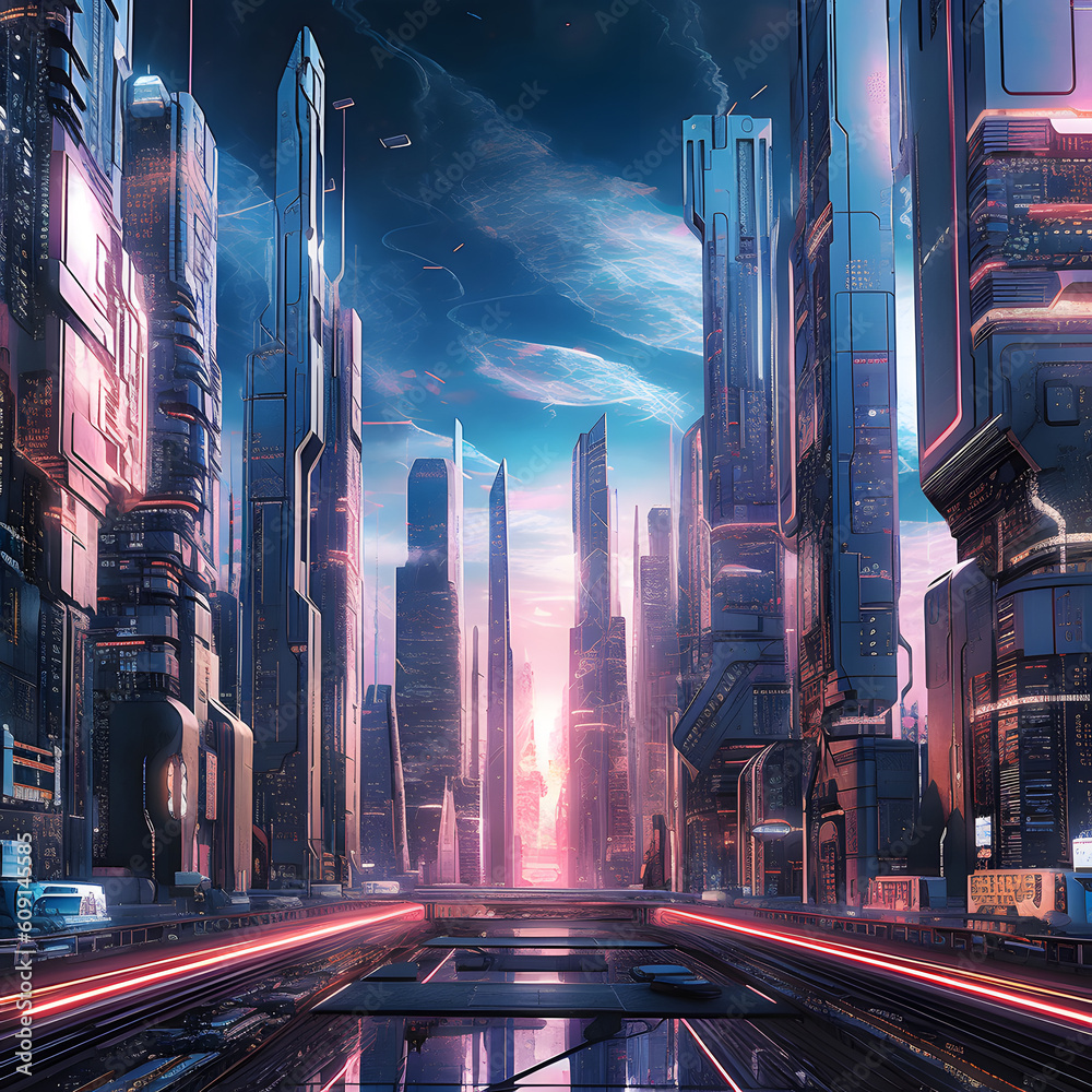 Ilustração do Stock: Futuristic cyber city, with towering skyscrapers ...