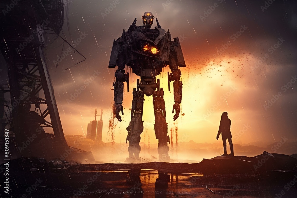 corrupted giant humanoid artificial intelligence robot in destroyed ...