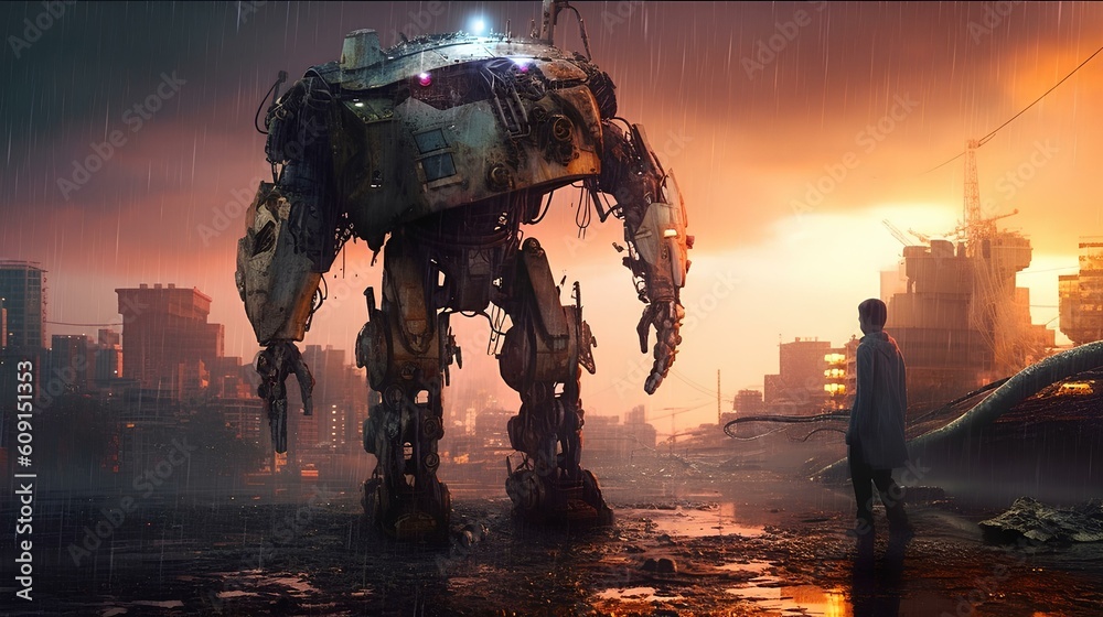 corrupted giant humanoid artificial intelligence robot in destroyed ...