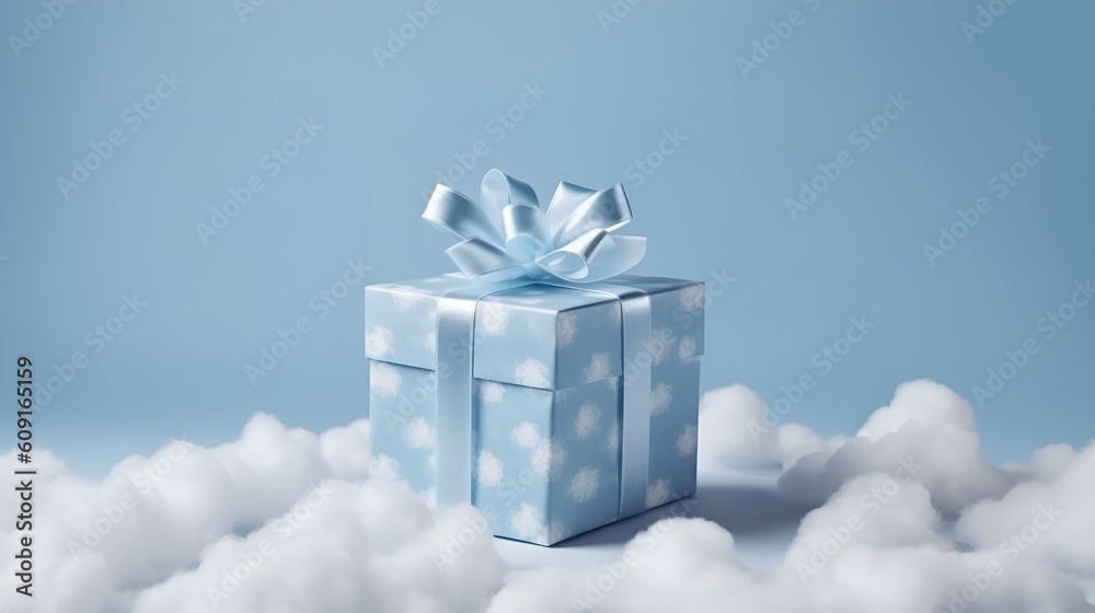 cute and creative blue gift box, clouds, blue ribbon, blue gift with ...