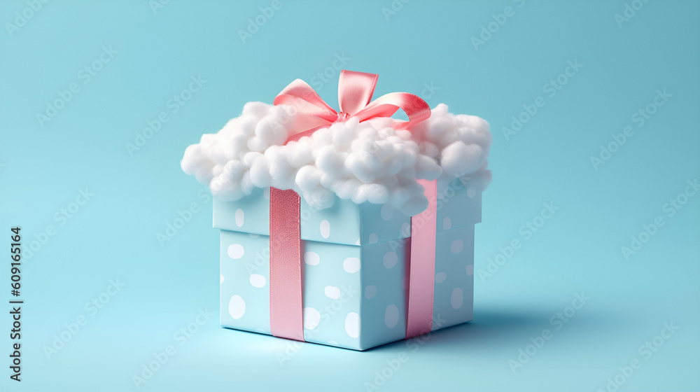 cute and creative blue gift box, clouds, pink ribbon, blue gift, white ...