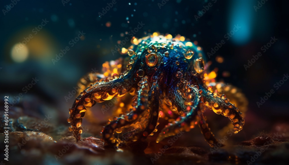 Multi colored octopus tentacle glows in dark water generated by AI ...
