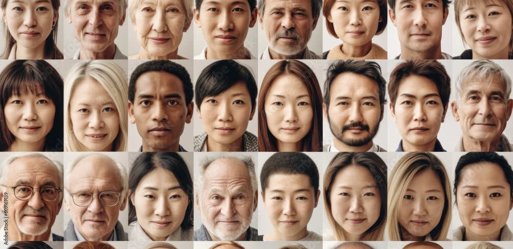 Multi ethnic people of different age looking at camera collage mosaic ...