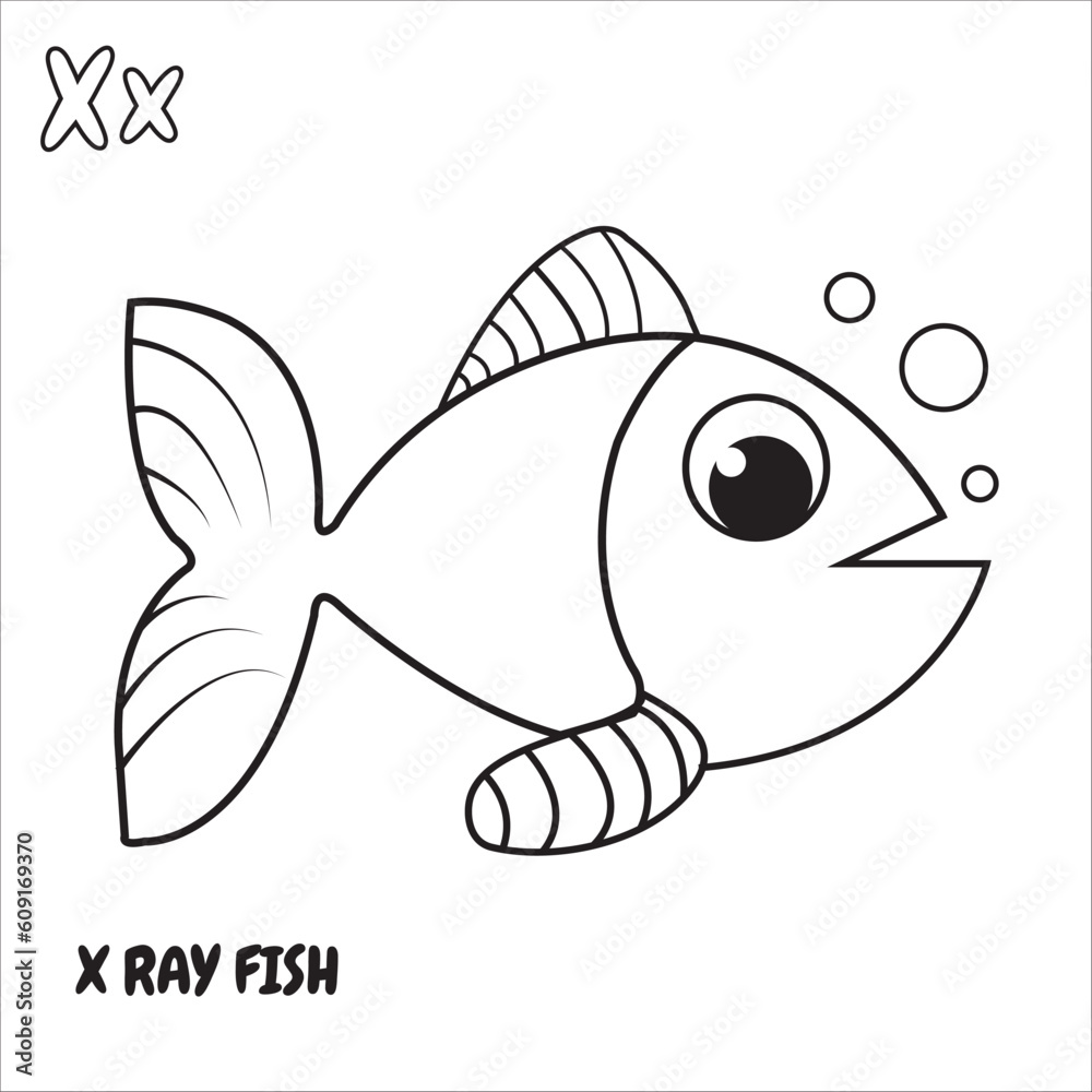 Alphabet animal x ray fish for coloring with word hand drawn letter ...