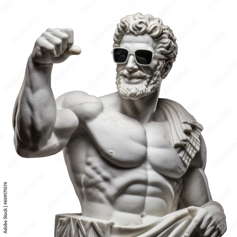Modern Greek sculpture with a big smile and sunglasses on a transparent ...