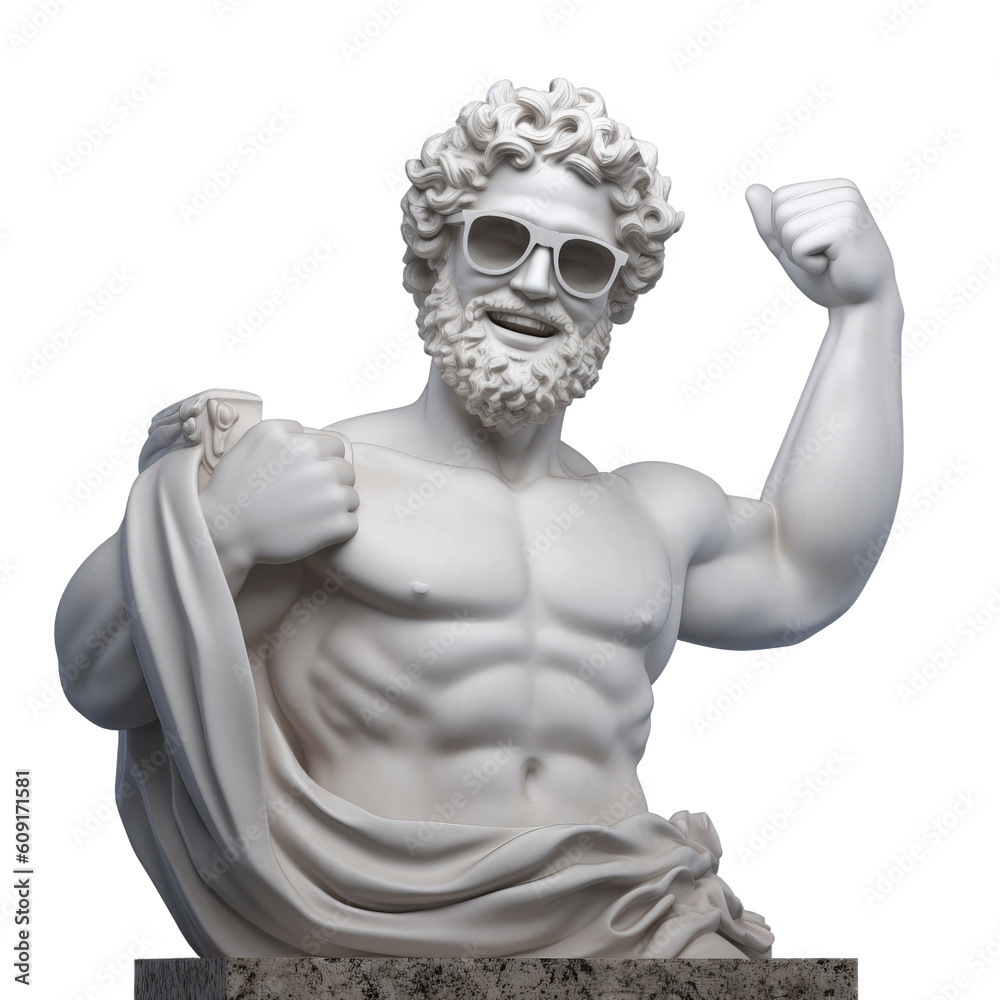 Modern Greek sculpture with a big smile and sunglasses on a transparent ...