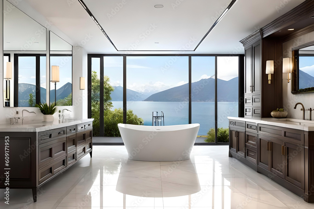 A sophisticated and luxurious bathroom with a freestanding bathtub ...