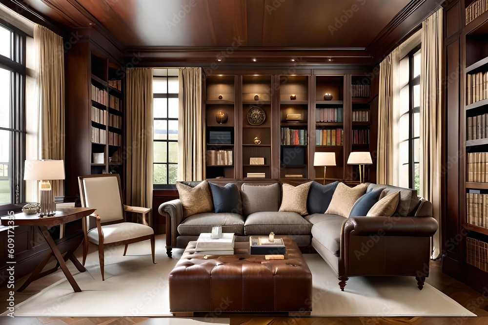 A cozy and inviting home library with floor-to-ceiling bookshelves, a ...