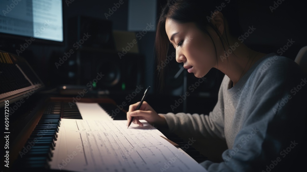 Music Composer Female Asian Middle-Aged Writing and arranging music ...