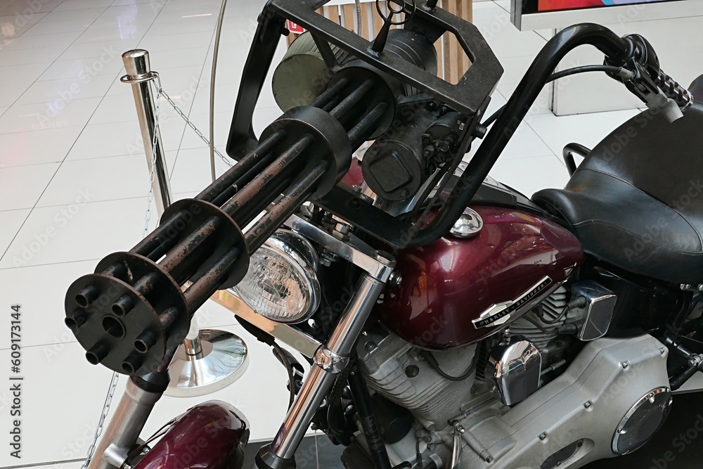 Detail of Harley Davidson Softail chopper motorbike with rotary machine ...