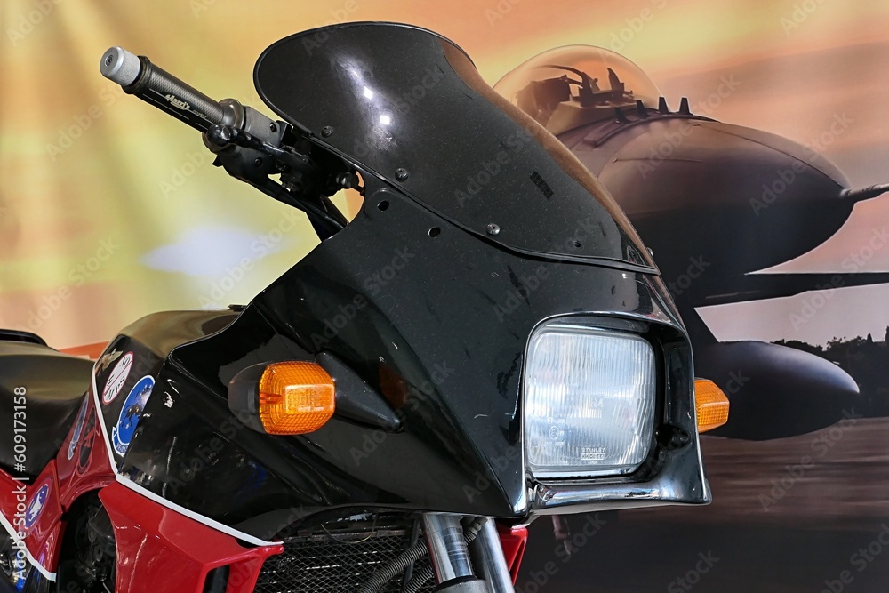Front detail of sport motorbike Kawasaki GPZ900R, also known as ZX900A ...