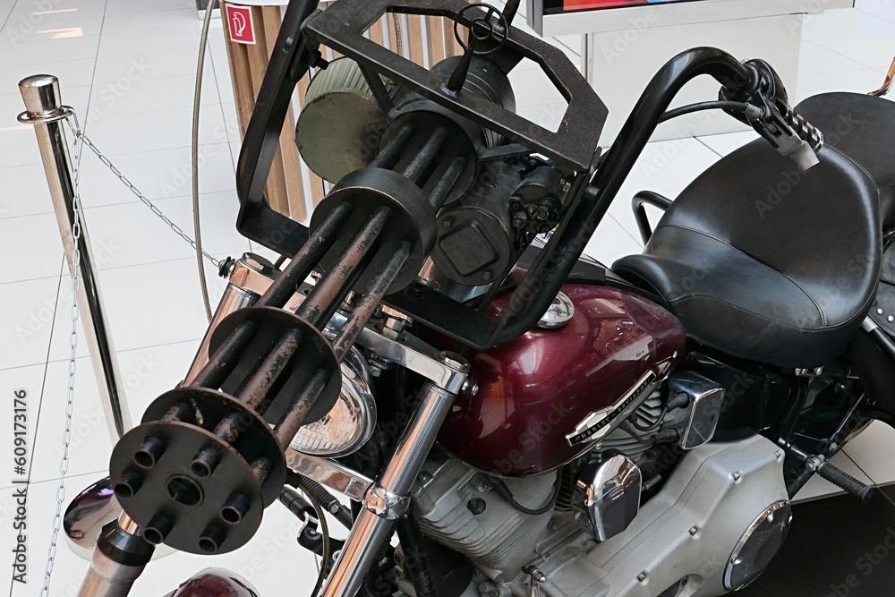 Harley Davidson Softail chopper motorbike with rotary machine gun ...