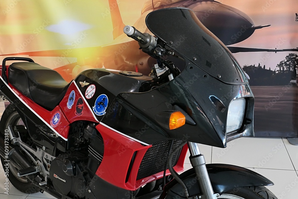 Right front view of sport motorbike Kawasaki GPZ900R, also known as ...