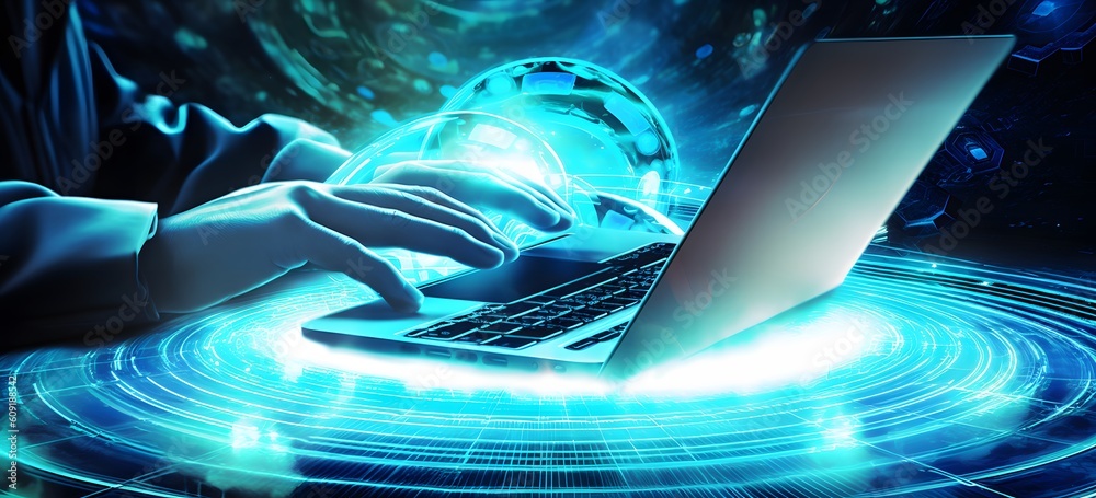 person using computer with data visualization and business planning ...