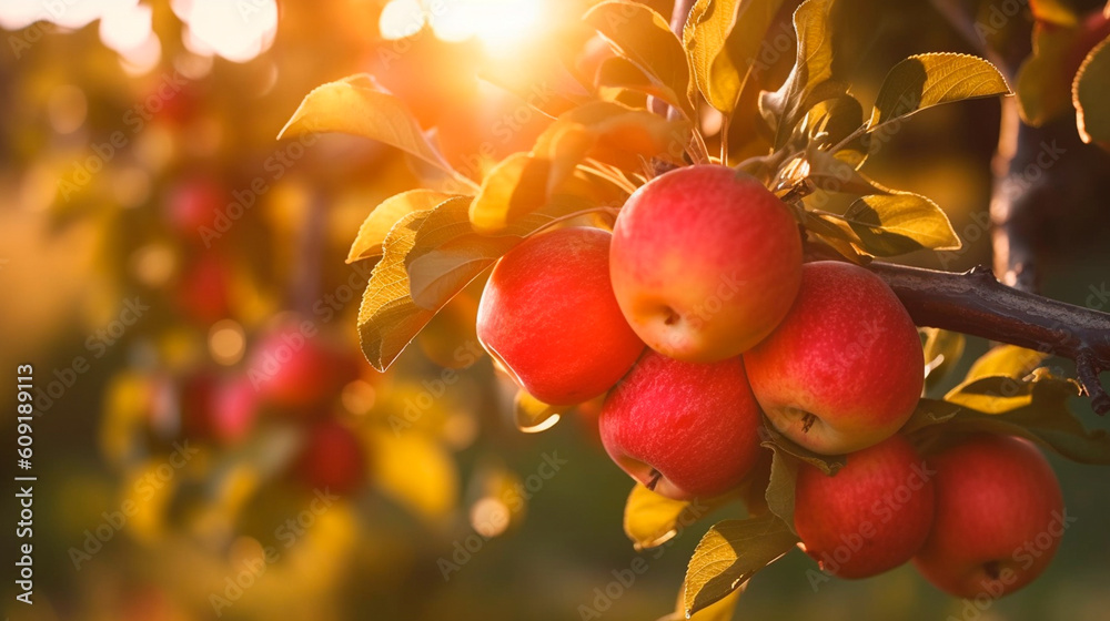 Fruit farm with apple trees. Branch with natural apples on blurred ...
