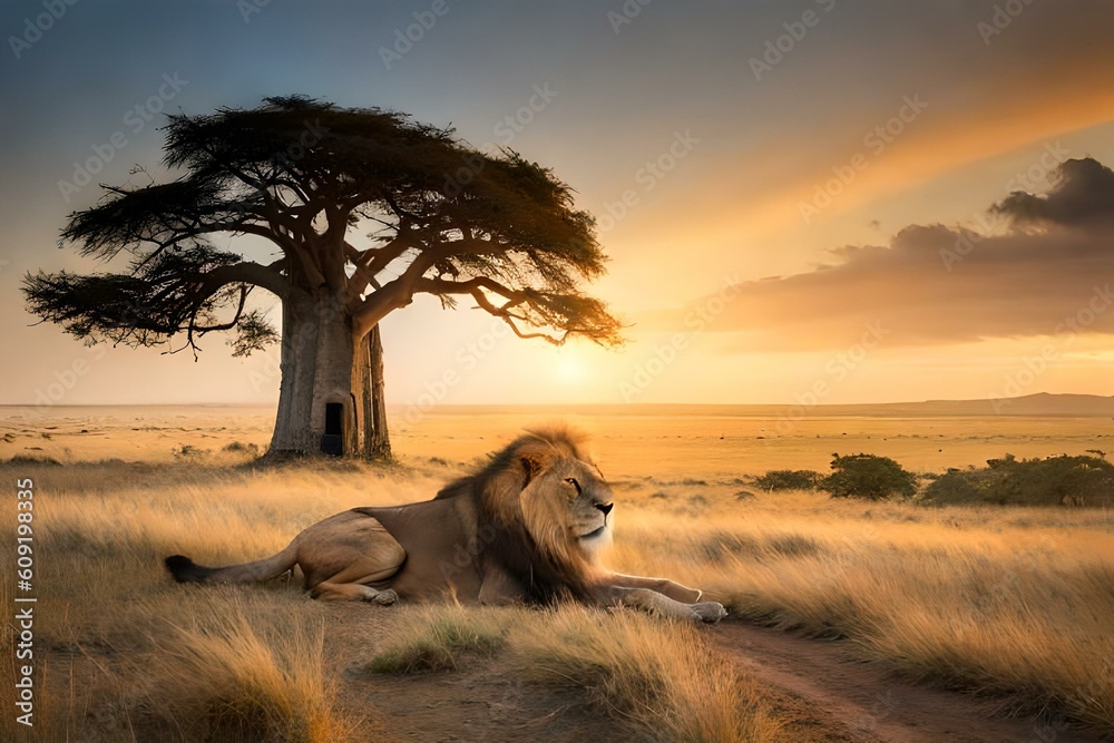 A regal lion resting under the shade of a mighty baobab tree in the ...