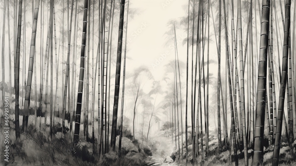 Arashiyama Bamboo Grove illustration in black and white pencil sketch ...