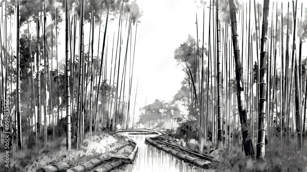Arashiyama Bamboo Grove illustration in black and white pencil sketch ...