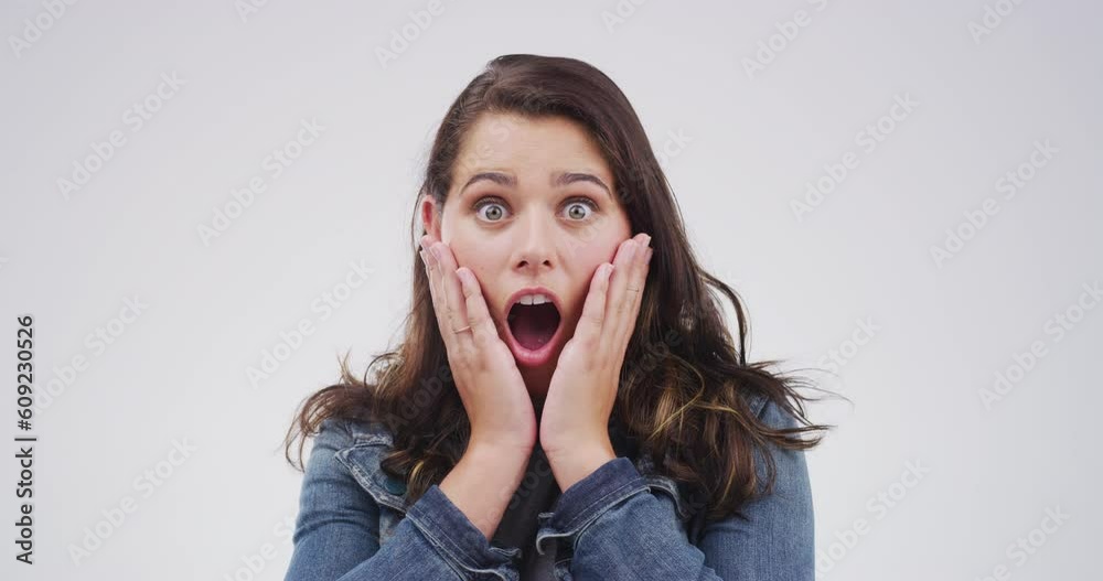 Vidéo Stock Face, mockup and woman with surprise, omg and emoji against ...
