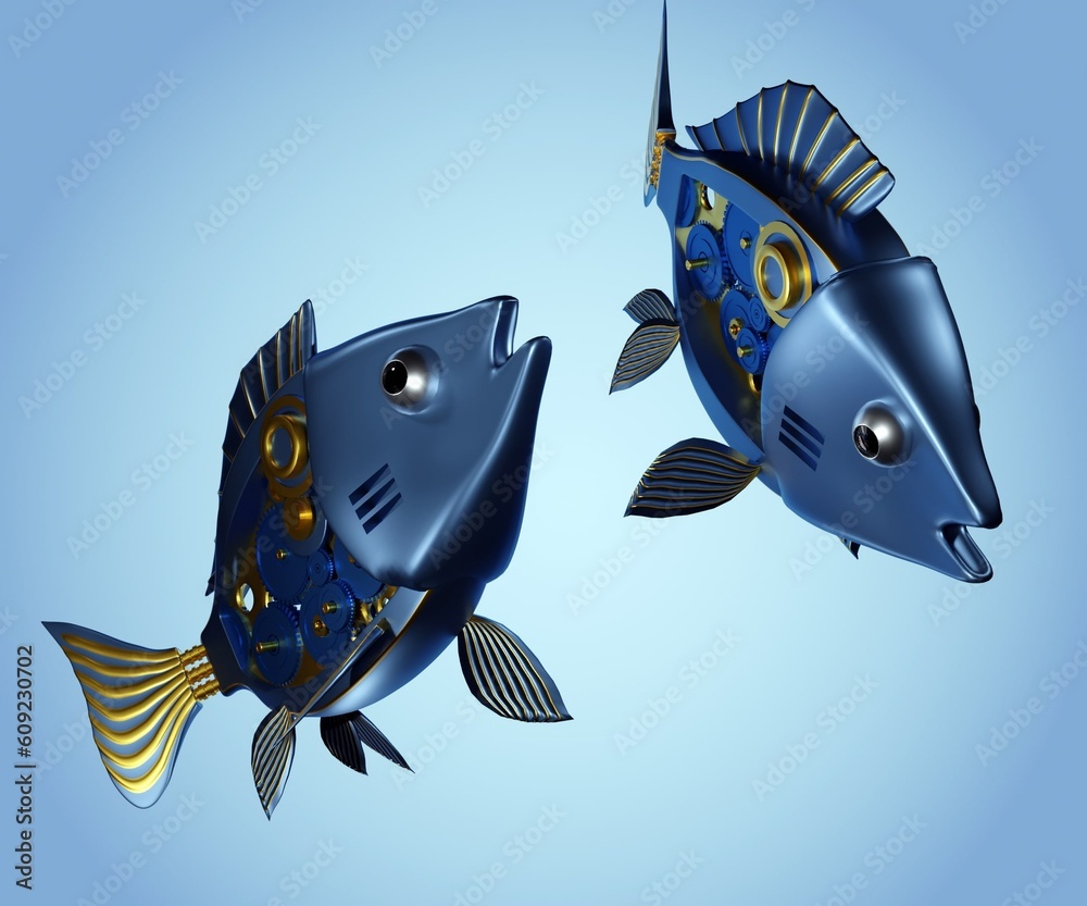 Isolated robotic fish with mechanical gears inside of it. A robot fish ...