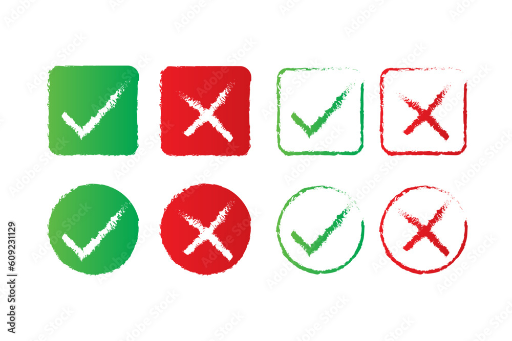 Vector check mark and cross in crayon style, accept reject and approve ...