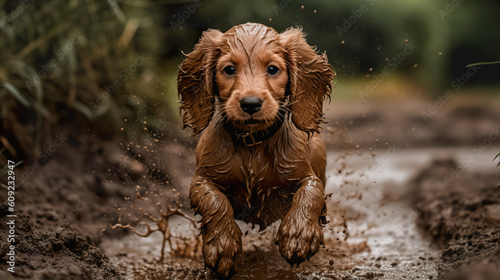 Dirty little dog in a puddle in the mud on the road after spring rain ...