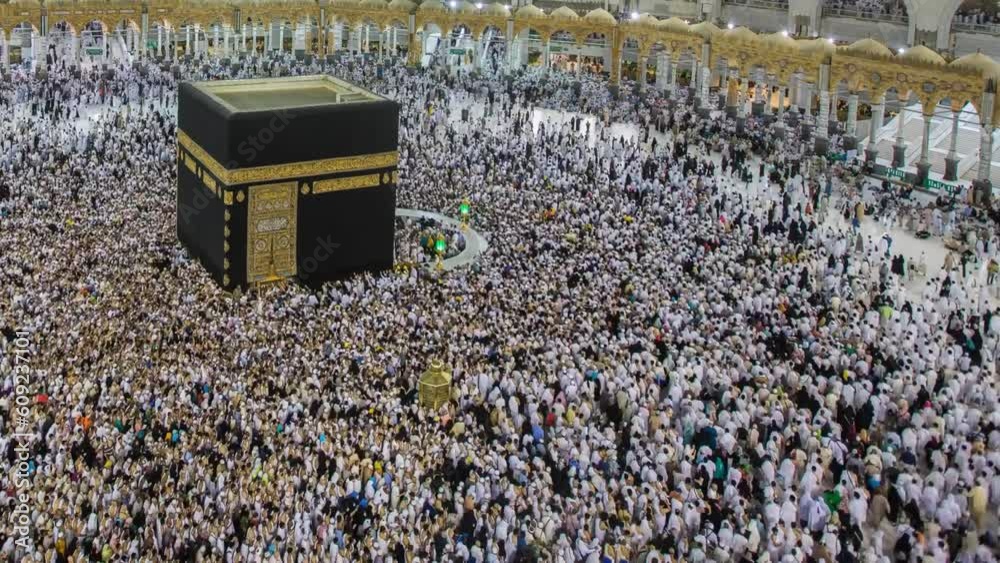 Thousands of Islam pilgrims surge around the Kaaba in Mecca. praying ...