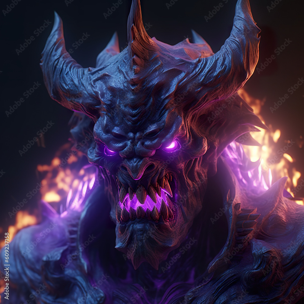 Demonic looking oni mask with purple flames coming out of the mask and ...