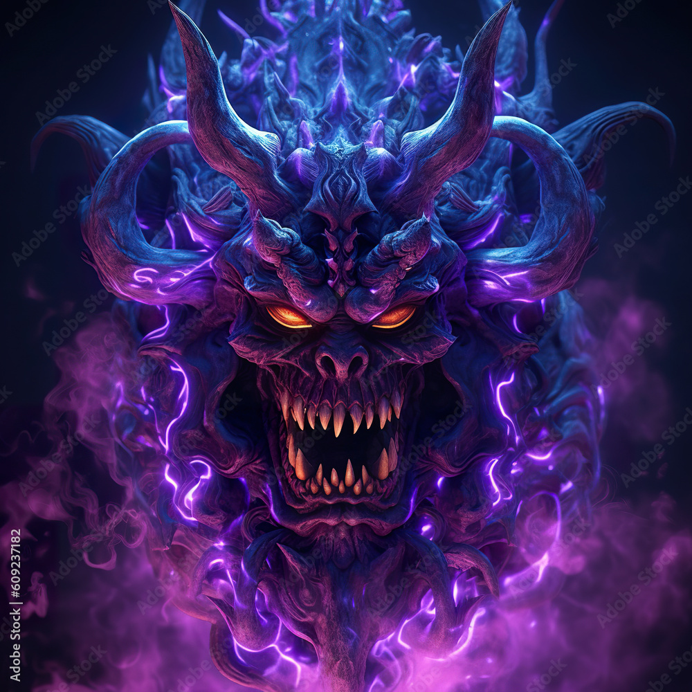 Demonic looking oni mask with purple flames coming out of the mask and haloflorescent glow. A ...
