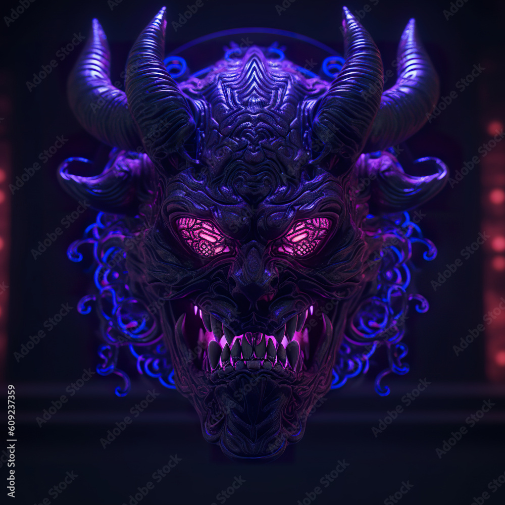 Demonic looking oni mask with purple flames coming out of the mask and ...