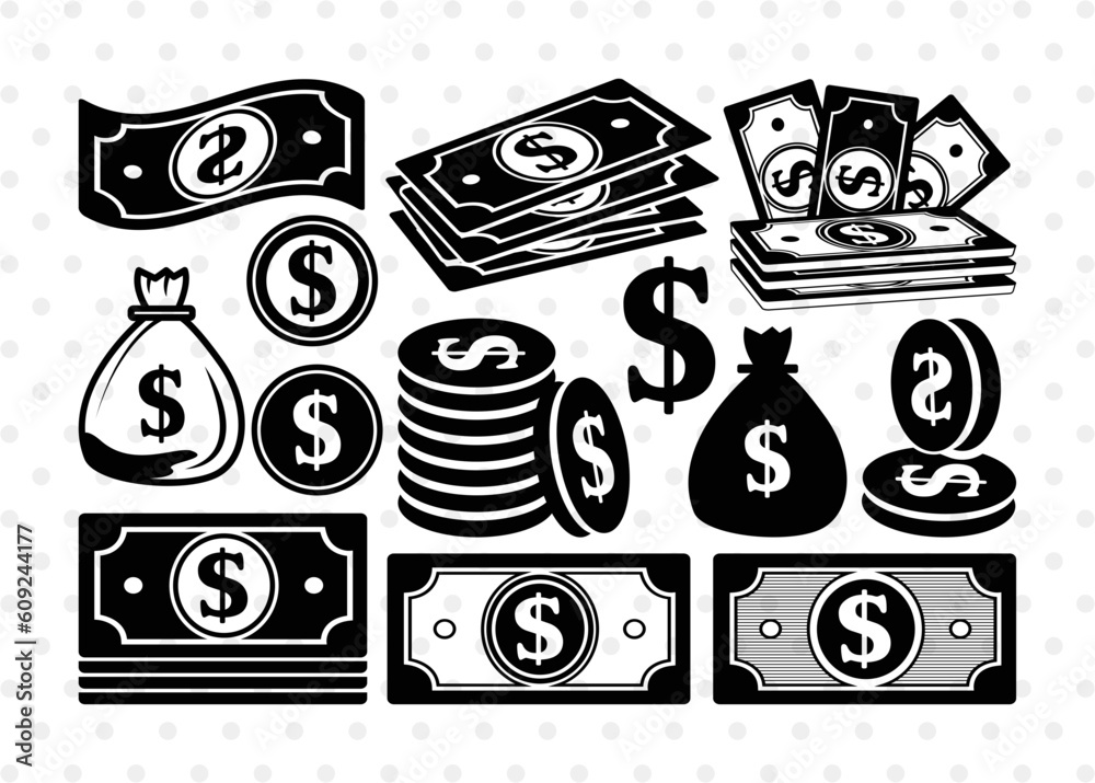 Dollars And Money Silhouette, Money Svg, Coin Svg, Dollar Svg, Cash Svg ...