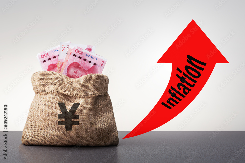 Word Inflation on up trend arrow, with yuan money bag. Yuan money ...