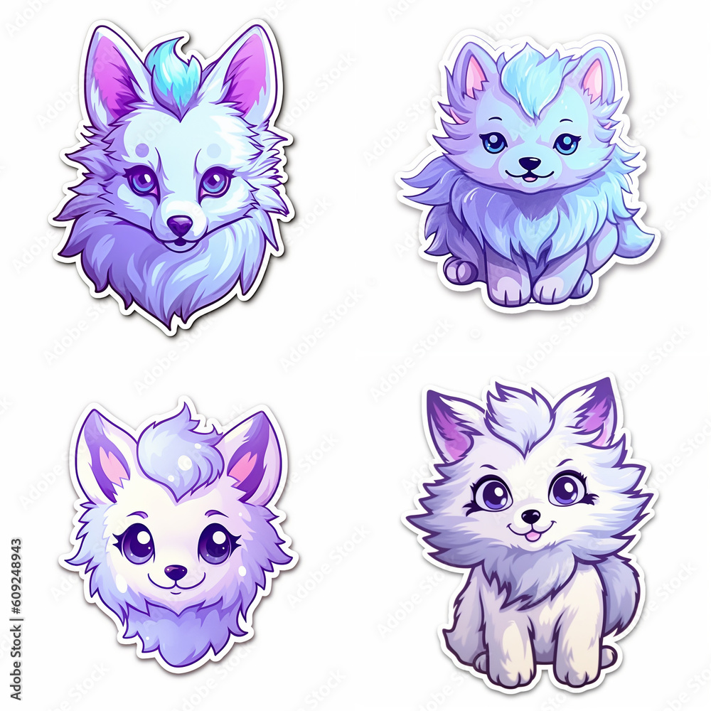 Super cute kawaii style wolves stickers - set of cartoon wolves Stock ...