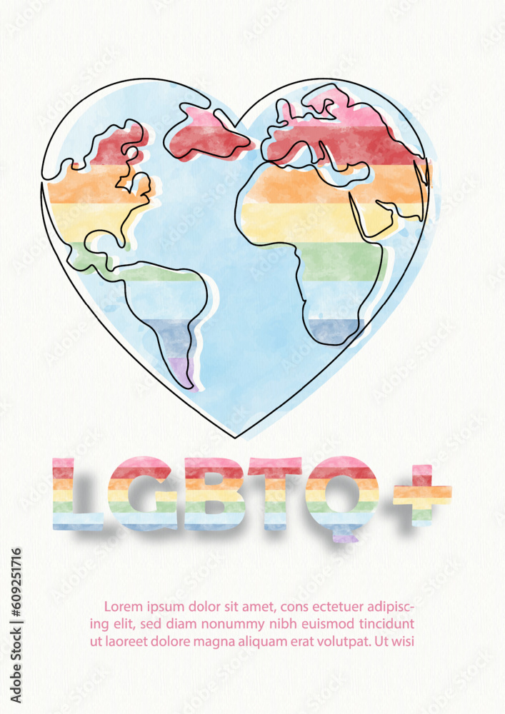 World map in line art and heart shape with rainbow colors and wording ...