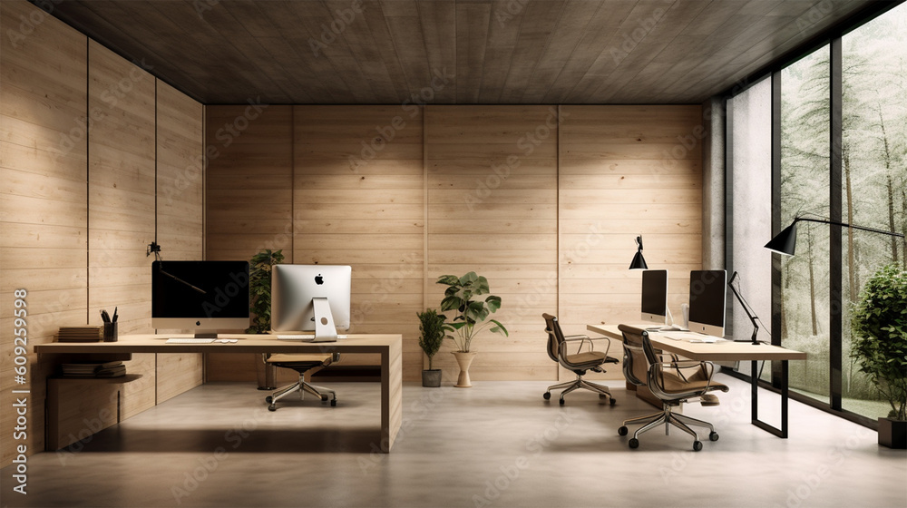 modern office interior in wood tone, opacity and translucency, hazy ...