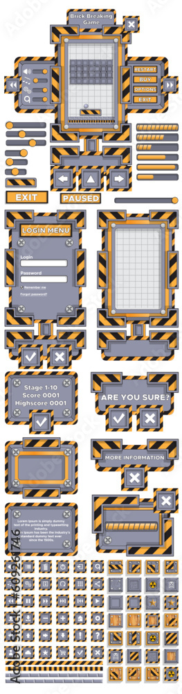 Brick Breaking Game Design Of The Game User Interface A Set Of Elements Isolated On White