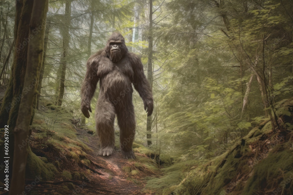 mysterious bigfoot sighting in the deep forest, generative AI illustration Stock Illustration ...